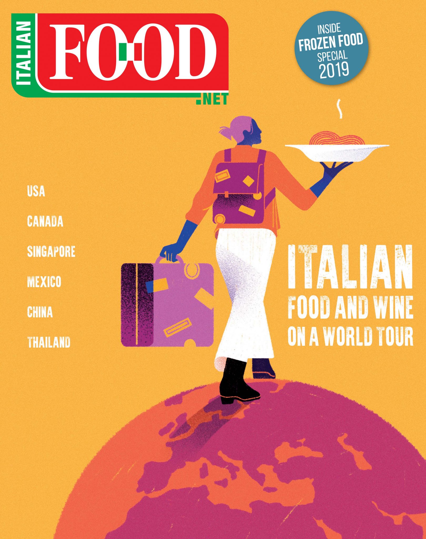Italian Food magazine cover. Woman with luggage and pasta on a world ...
